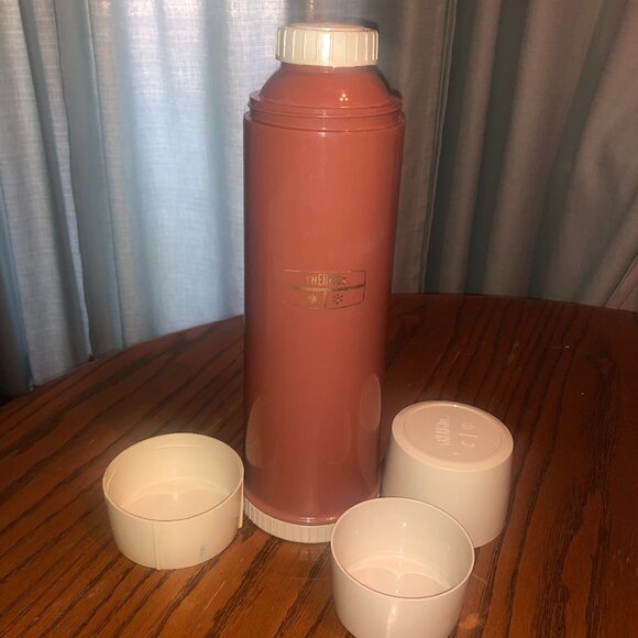 Thermos | Other | Vintage Thermos Bottle Brown W Lid 3 Beige Cups ...